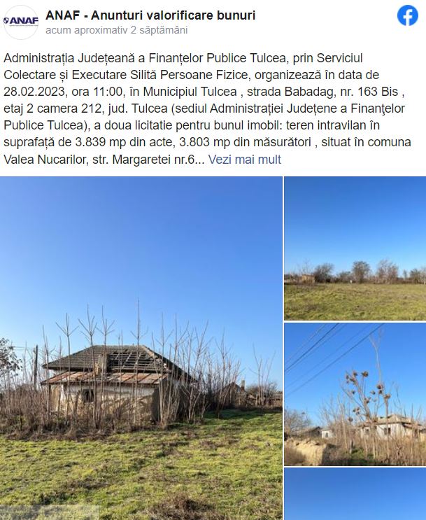 ANAF scoate la o a doua licitaţie o casă şi un teren în Tulcea. Prețul de pornire o să te ...